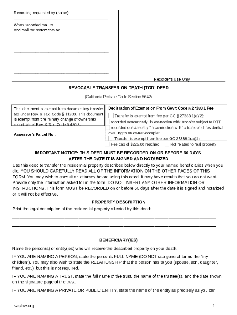 REVOCABLE TRANSFER-ON-DEATH DEED Doc Template | pdfFiller