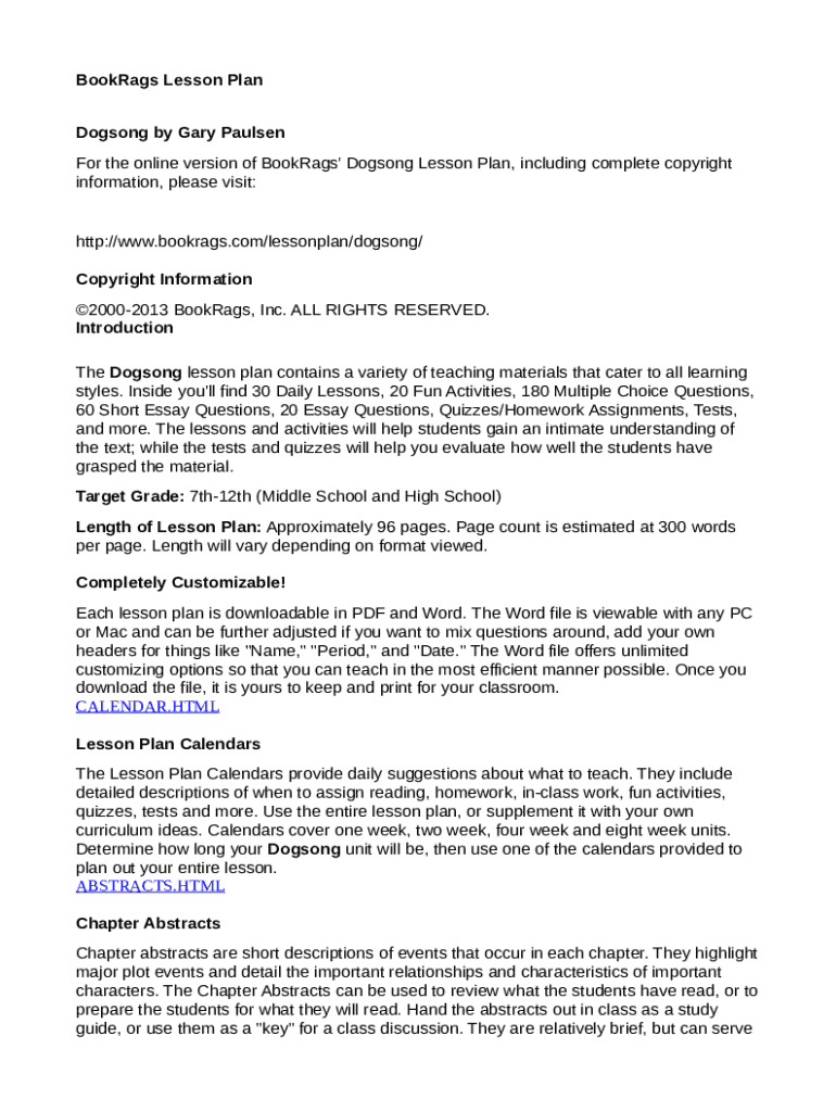 Dogsong by Gary Paulsen Lesson Plans & Worksheets Doc Template | pdfFiller