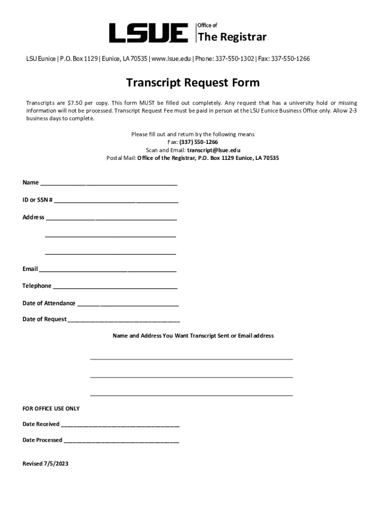 Fillable Online Registrar - Request a Transcript Fax Email Print - pdfFiller