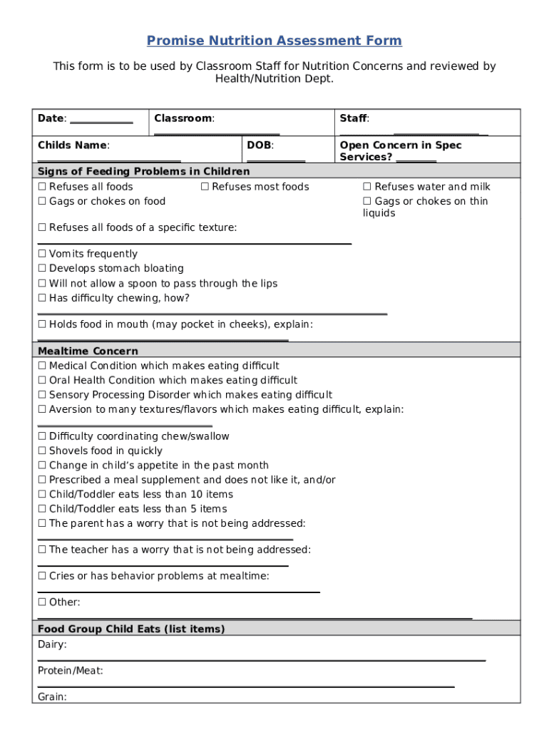 Promise Nutrition Assessment Doc Template | pdfFiller