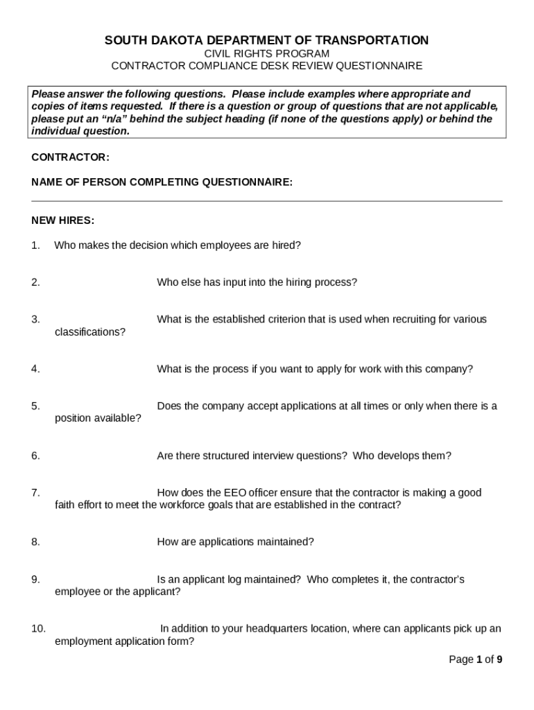 CONTRACTOR COMPLIANCE DESK REVIEW QUESTIONNAIRE Doc Template | pdfFiller