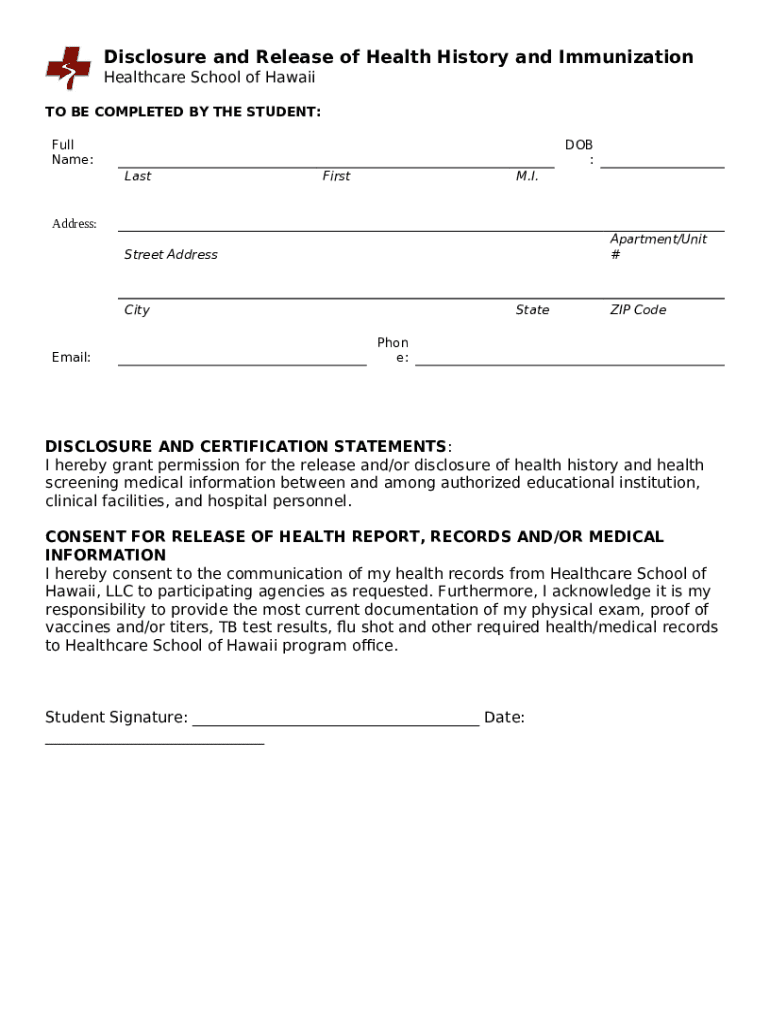 Disclosure and Release of Health History and Immunization Doc Template | pdfFiller