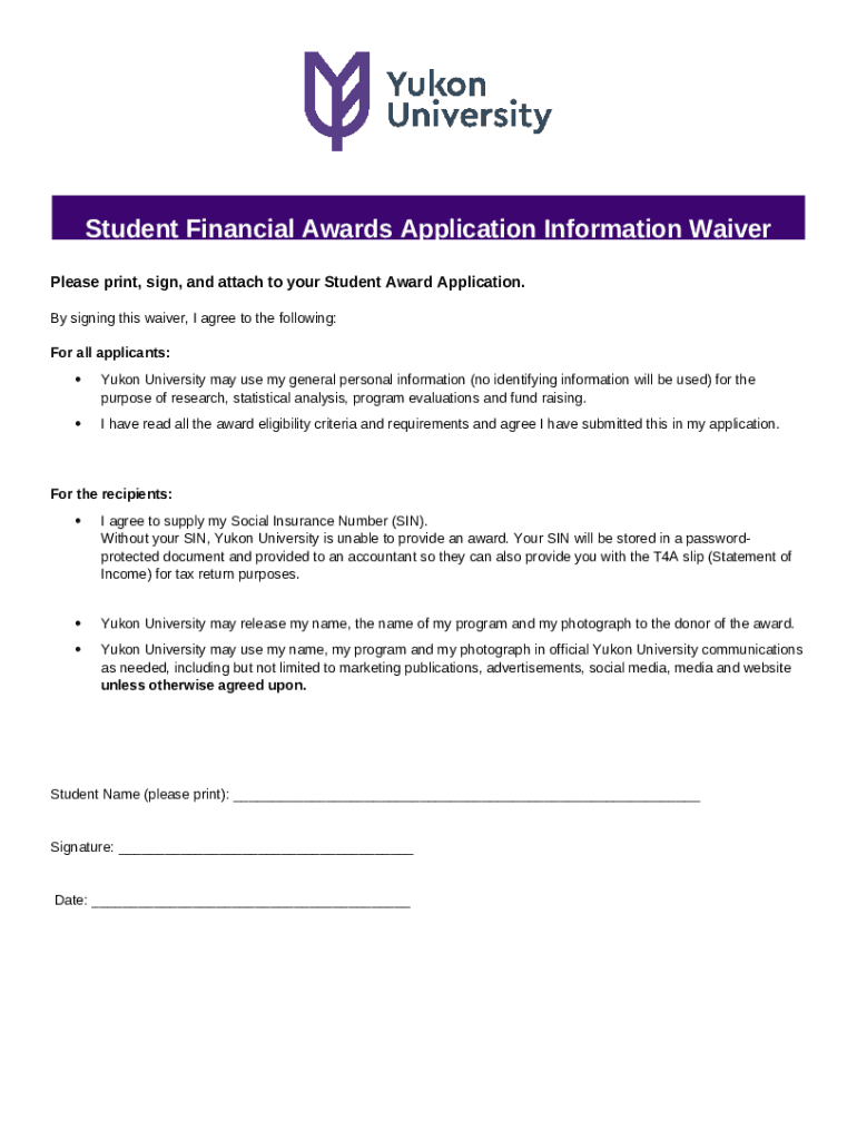 Completed Student Financial Award Application Waiver Doc Template | pdfFiller