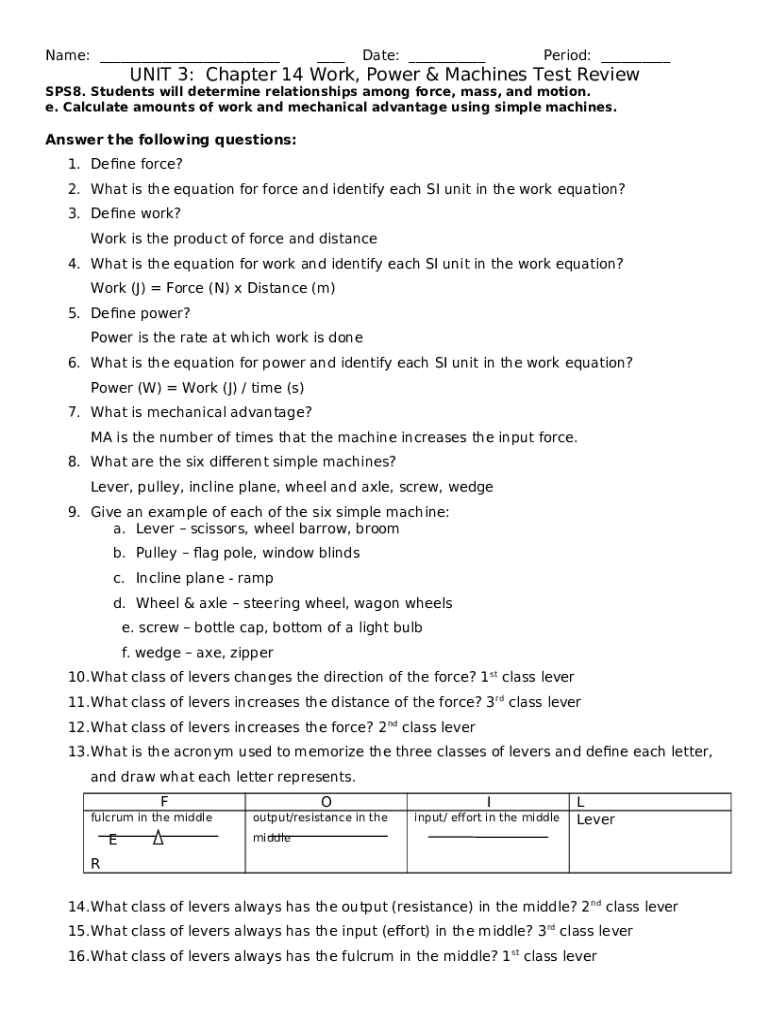 Unit 3; Chapter 14; Work, Power and Machines Test Review - schoolwires ...