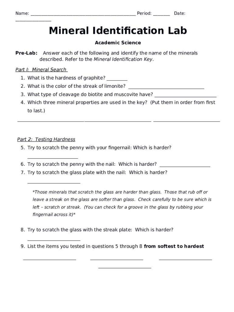 Solved Part B - Description and Identification of Minerals Doc Template ...