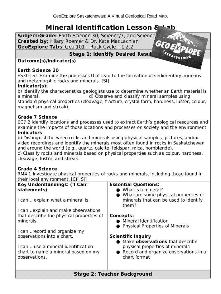 Mineral Identification Lesson for Kids Doc Template | pdfFiller