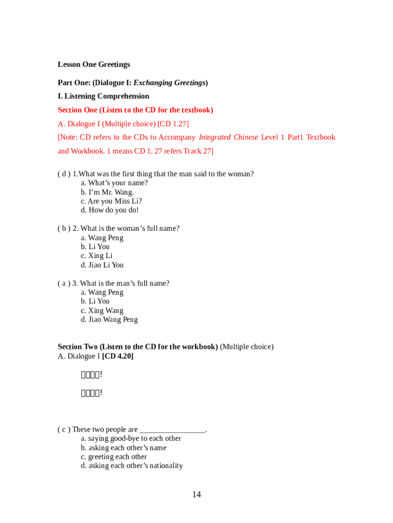 L1 assignment key - Lesson One: Greetings Part One Dialogue I Doc ...