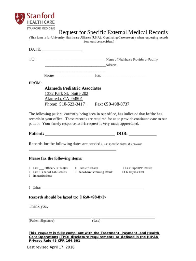 Medical Records Release Stanford Health Care Doc Template | pdfFiller