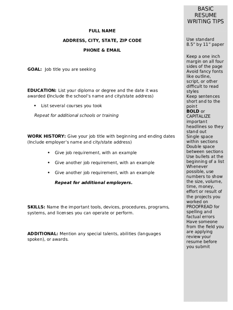 Basic resume worksheet Doc Template | pdfFiller