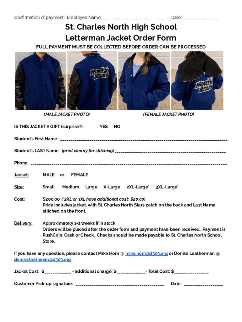Fillable Online St. Charles North High School Letterman Jacket Order Form Fax Email Print ...