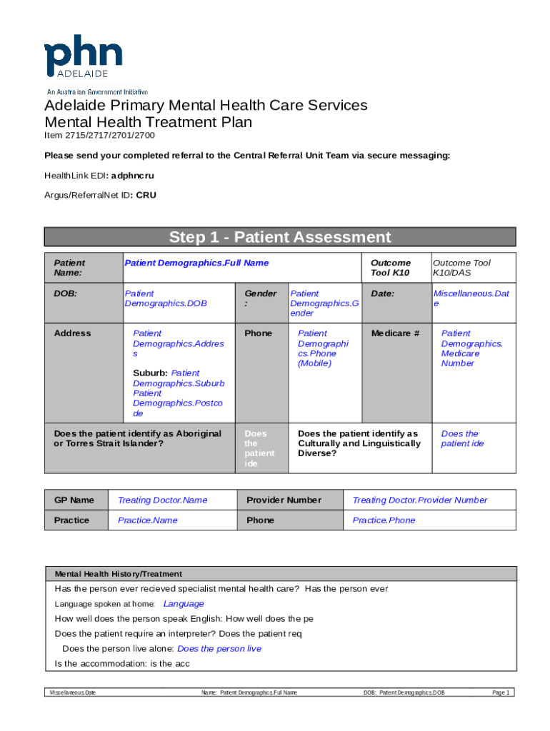 Adelaide PHN's Primary Mental Health Care Services Doc Template | pdfFiller