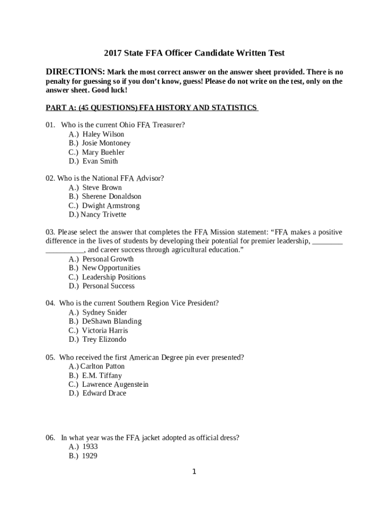 2017 FFA Officer Candidate Written Test - Blank Fillable Template ...