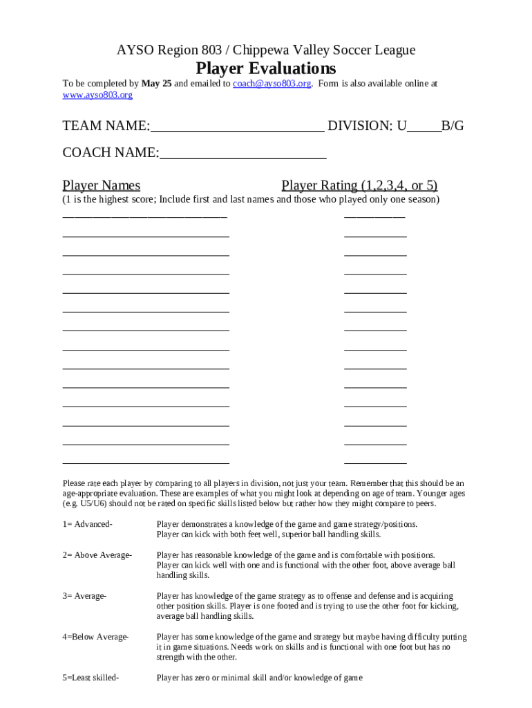 Chippewa Valley Soccer League. Player Evaluation Doc Template | pdfFiller