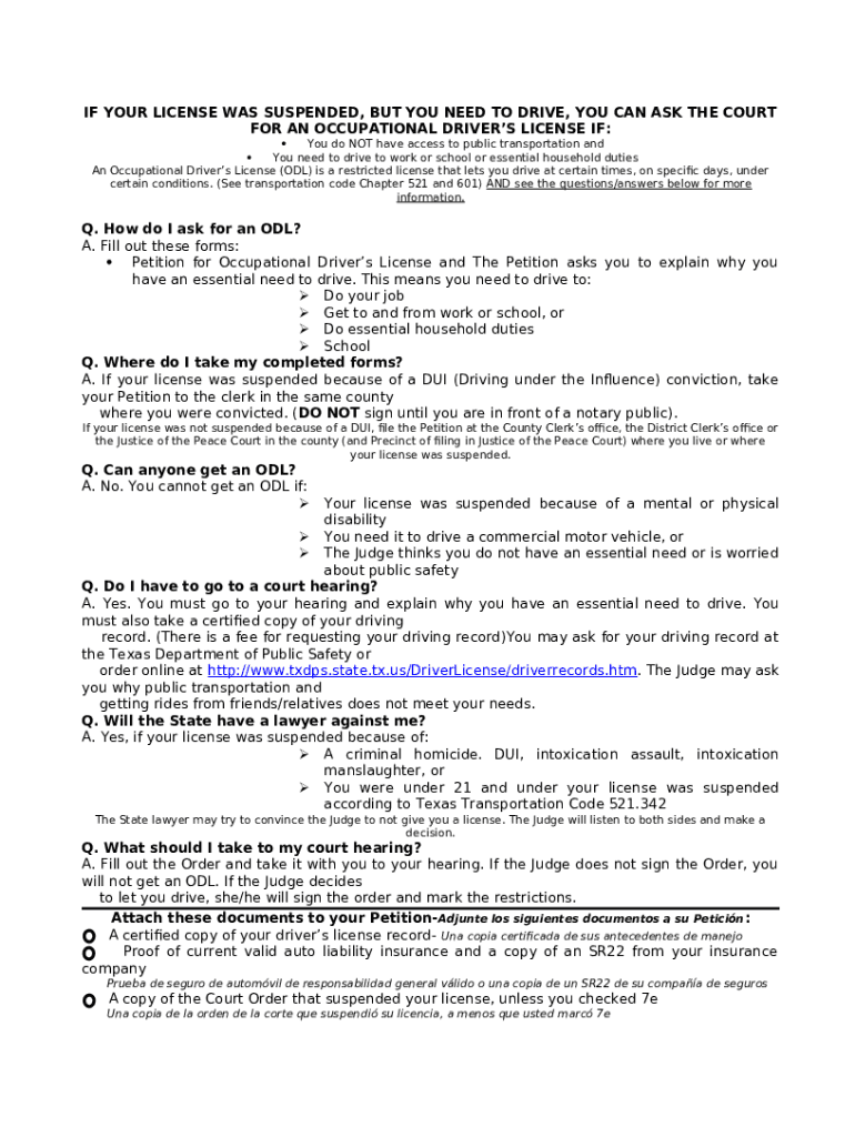 Texas Occupational Driver’s License Petition - Blank Fillable Template ...