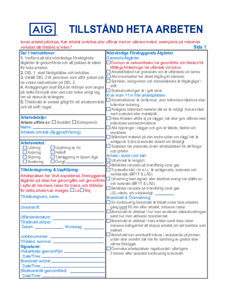 Fillable Online Aig Hot Work Permit - Fill Online, Printable, Fillable ...