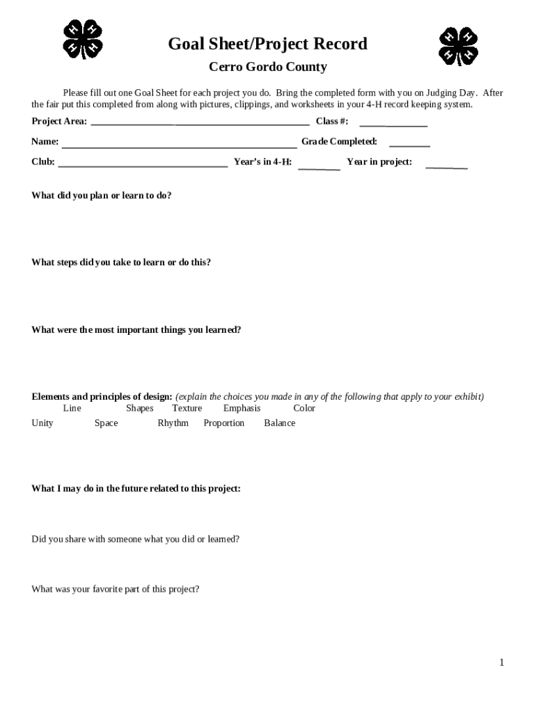 Clinton County 4-H - Goal Sheet/Exhibit Record Doc Template | pdfFiller