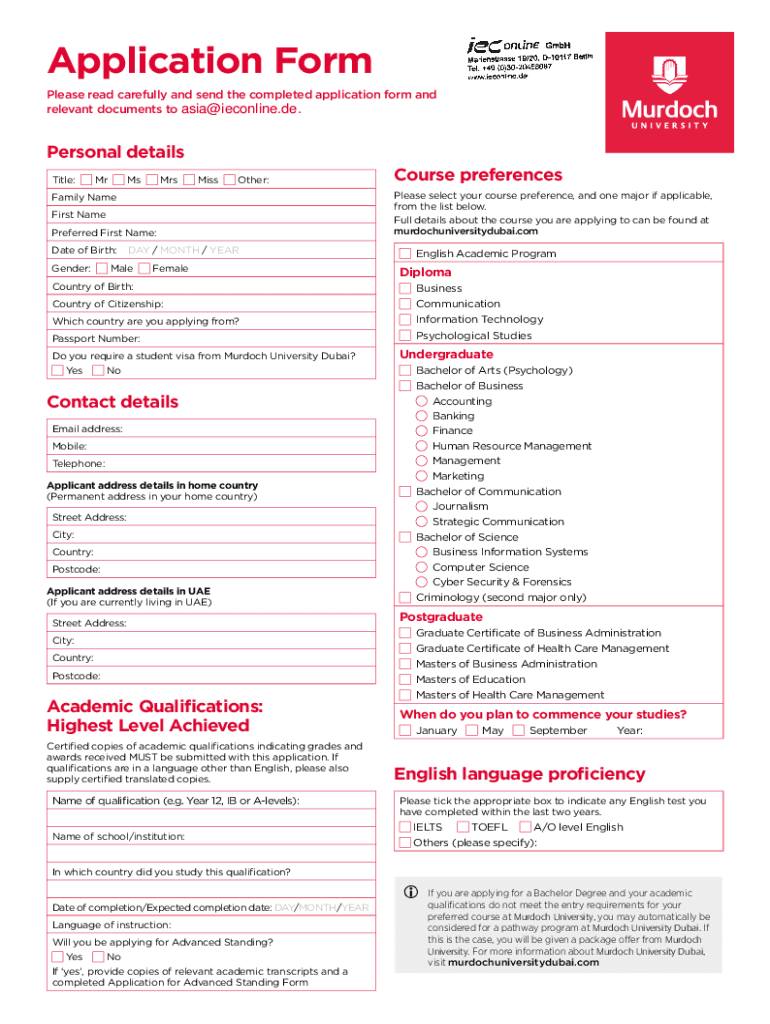 Fillable Online Murdoch Application Form - Fill Online, Printable ...