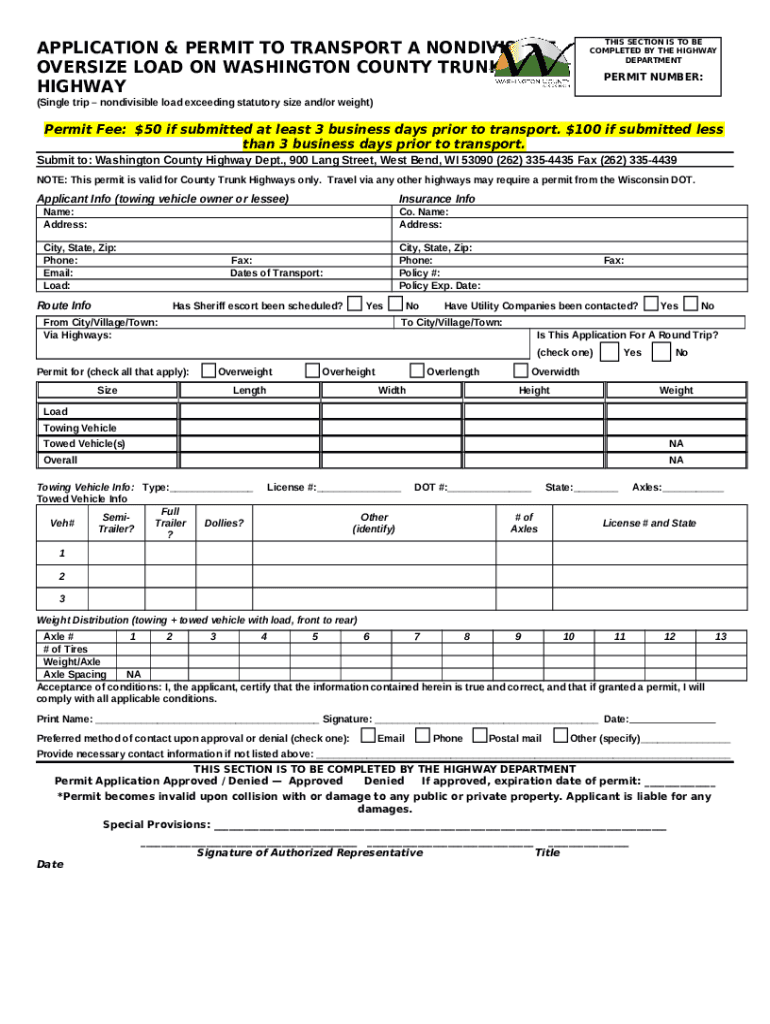 WASHINGTON COUNTY SINGLE TRIP PERMIN APPLICATION Doc Template | pdfFiller