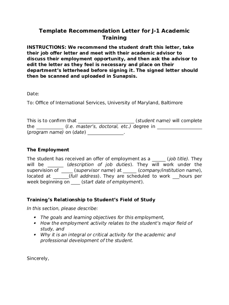 Template Recommendation Letter for J-1 Academic Training Doc Template ...