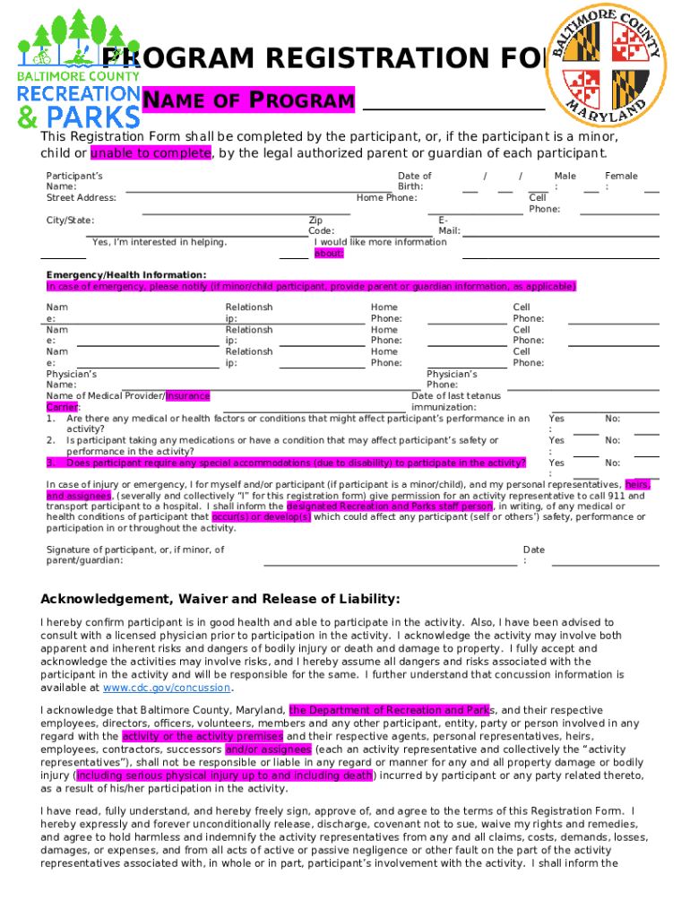 Minors' Programs Registration - Administrative Doc Template | pdfFiller