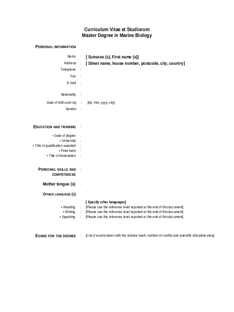 Curriculum Vitae et Studiorum Master Degree in Marine ... Doc Template | pdfFiller