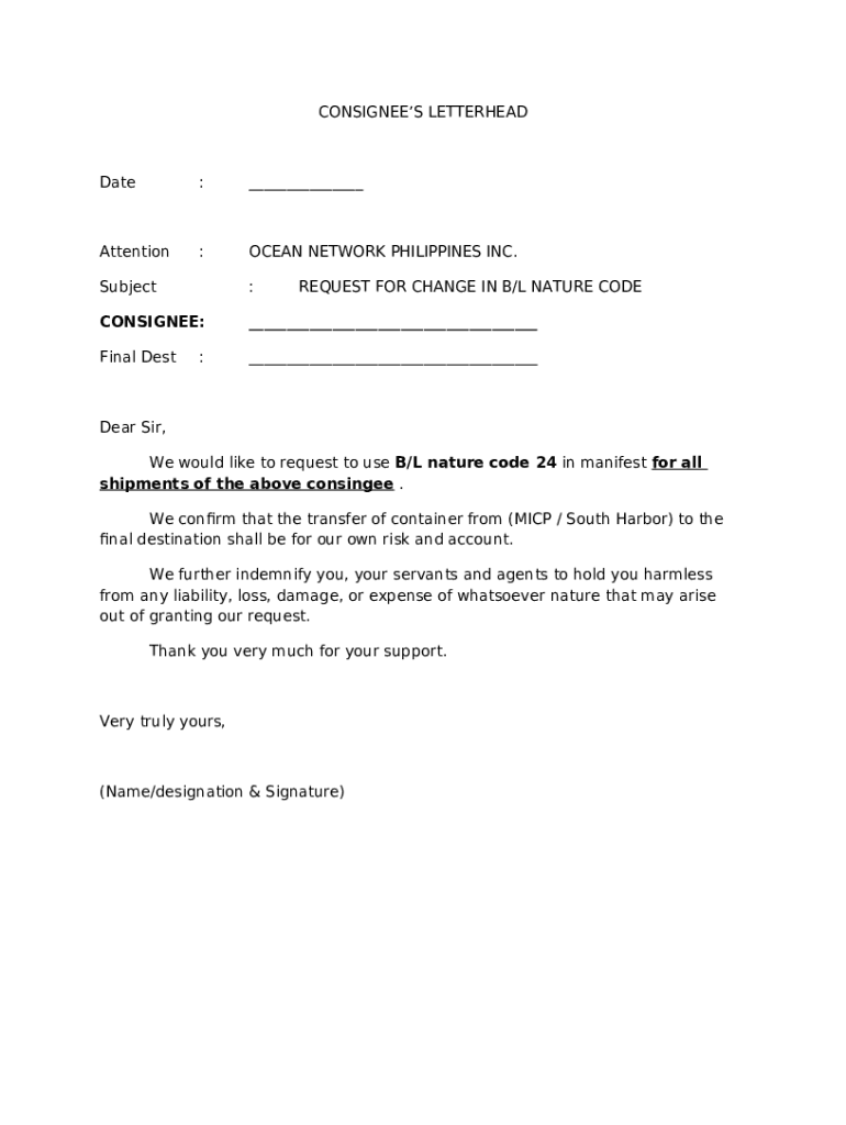 Request for change of BL Nature Code Doc Template | pdfFiller