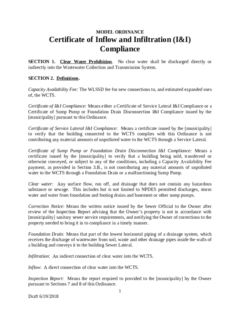 Certificate of Inflow and Infiltration (I&I) Compliance Doc Template ...