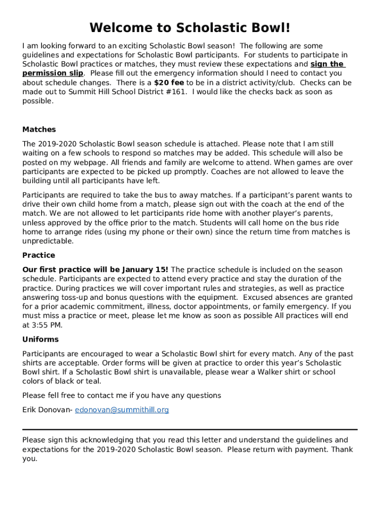 Scholastic Bowl Student /Parent Ination Sheet Doc Template | pdfFiller