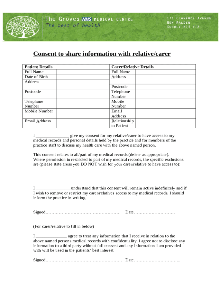 Consent to share ination with relative/carer Doc Template | pdfFiller