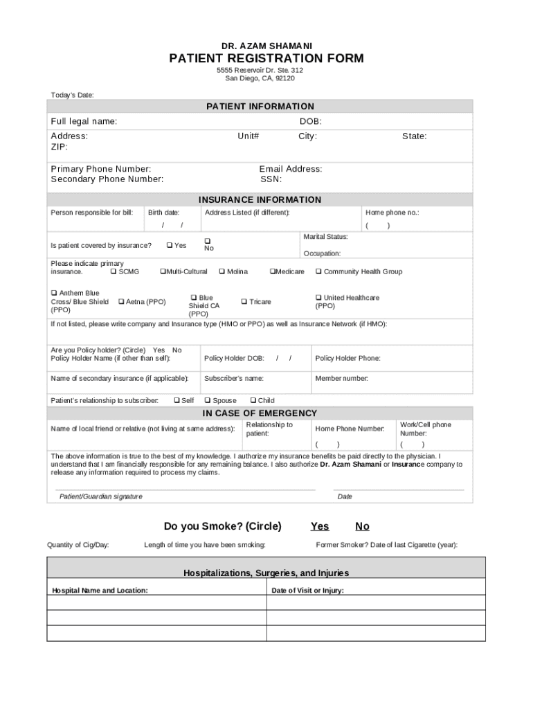 Medical office registration . Dr. Azam Shamani Doc Template | pdfFiller