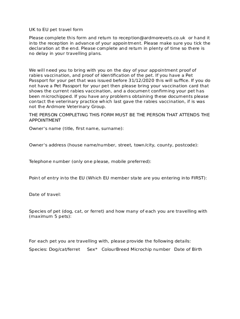 Moray Coast Vet Group Pet Travel Doc Template | pdfFiller