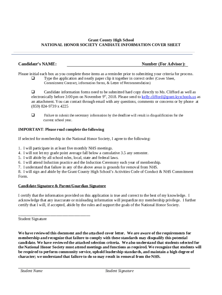 National Honor Society Candidate Ination Packet - Studylib Doc Template | pdfFiller