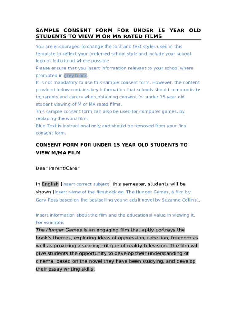 Consent for Under 15 Year Old Students to View M/MA FIilm Doc Template ...