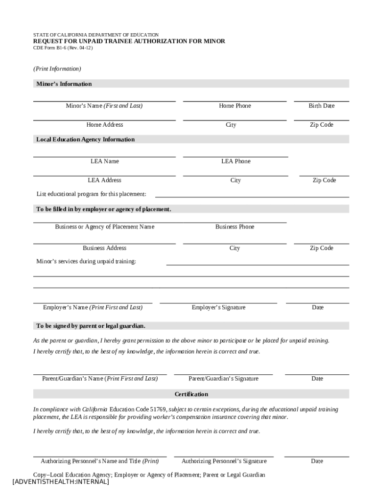 Unpaid Trainee Authorization Doc Template | pdfFiller