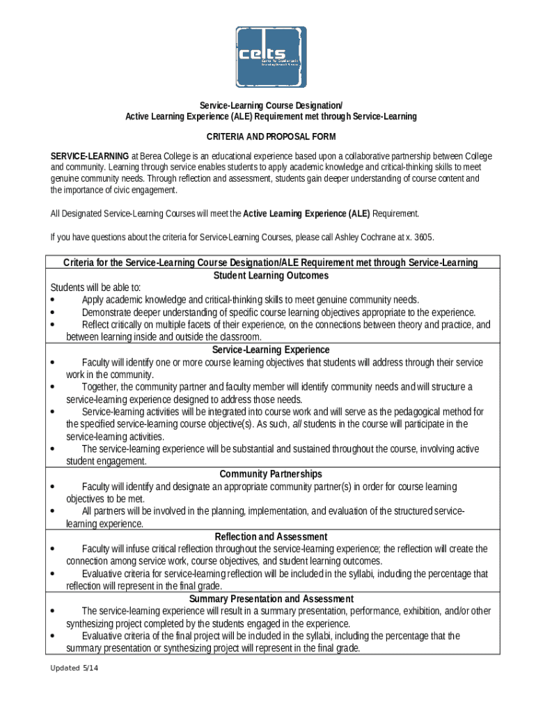 Service-Learning Course Designation (ALE) Proposal - legacy berea Doc ...