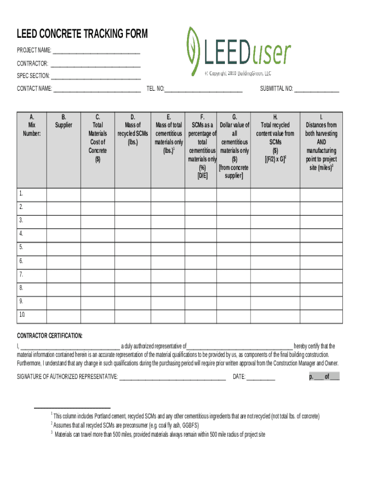 LEED CONCRETE TRACKING Doc Template | pdfFiller
