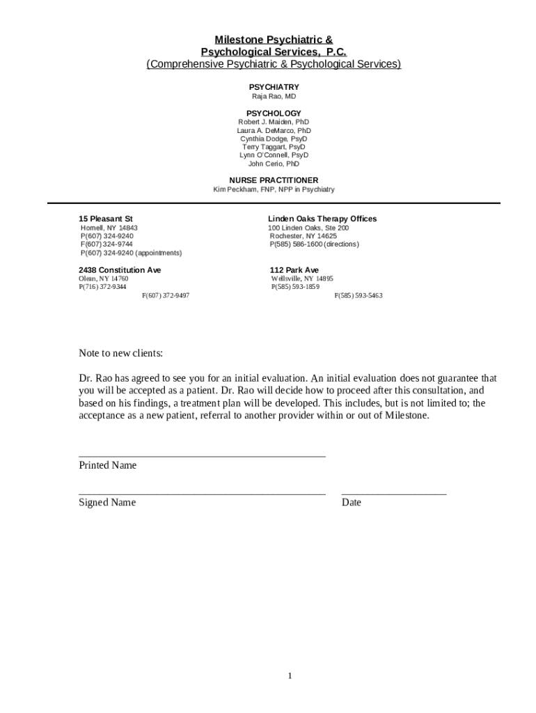 Milestone Psychiatric And Psychological Services Doc Template | pdfFiller