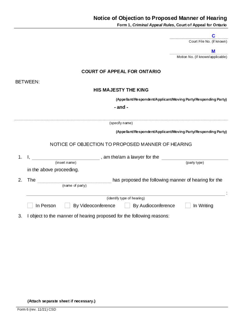 6. Notice of Objection to Proposed Manner of Hearing - ontariocourts on ...
