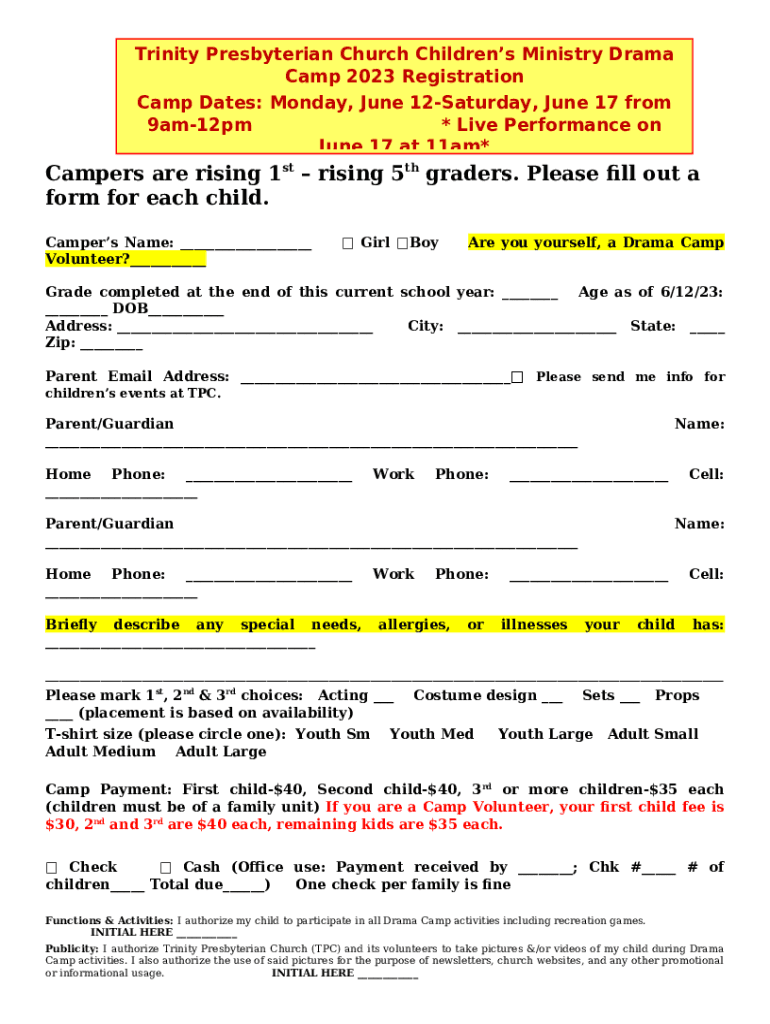 rising 5 th graders. Please fill out a for each child. Doc Template ...