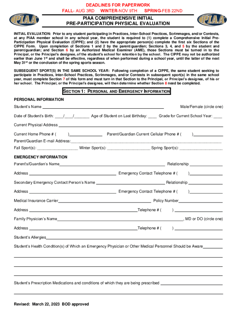 Fillable Online section 6: piaa comprehensive initial pre-participation ...