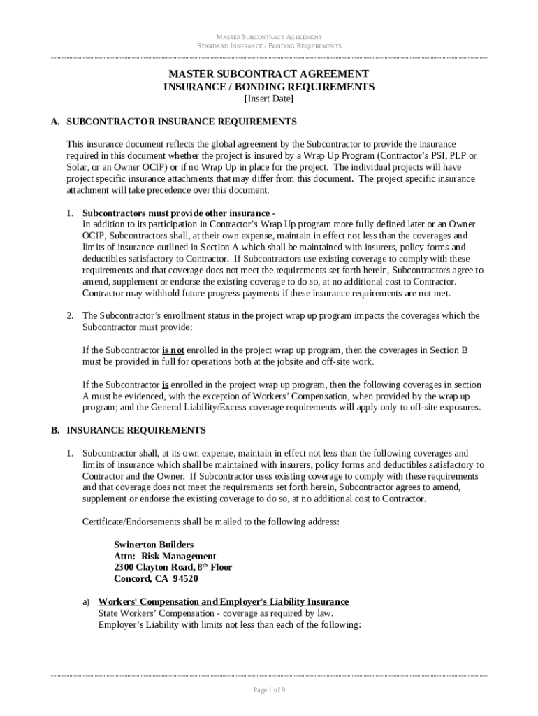 master subcontract agreement insurance / bonding ... Doc Template ...