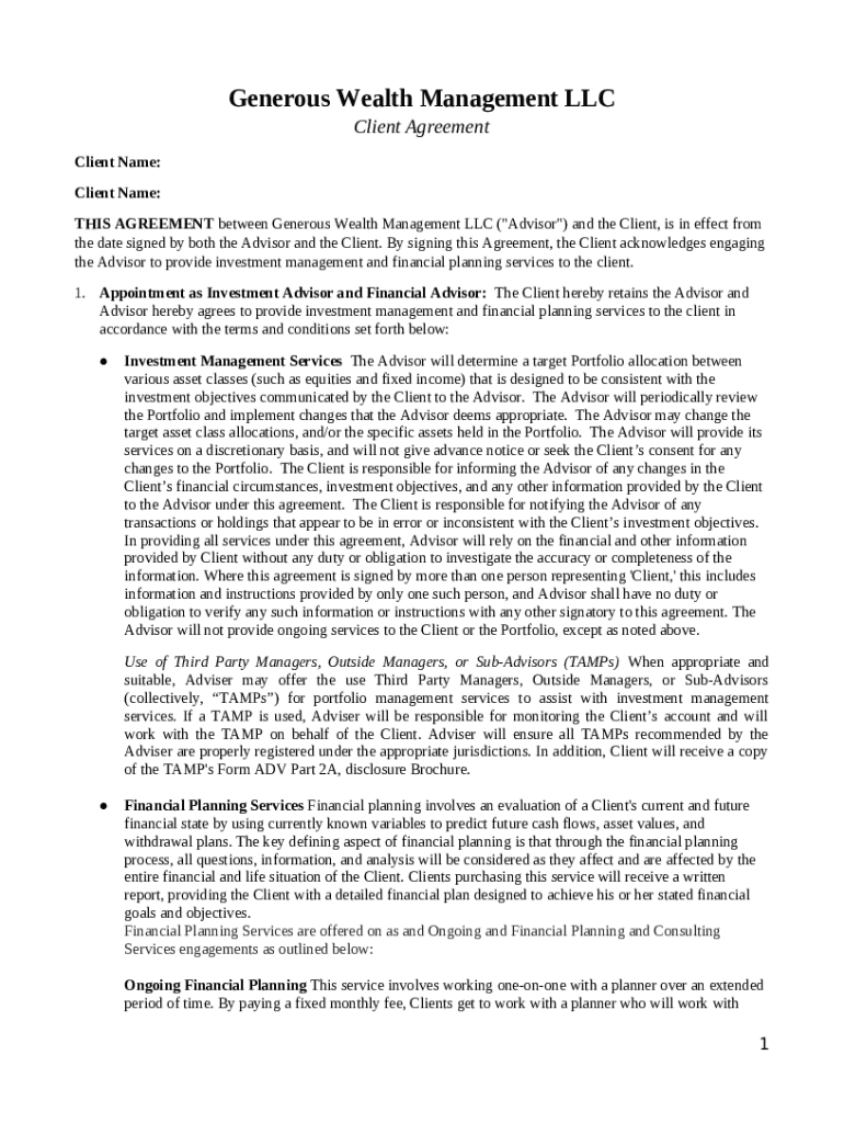 Generous Wealth Management LLC Client Agreement Doc Template | pdfFiller
