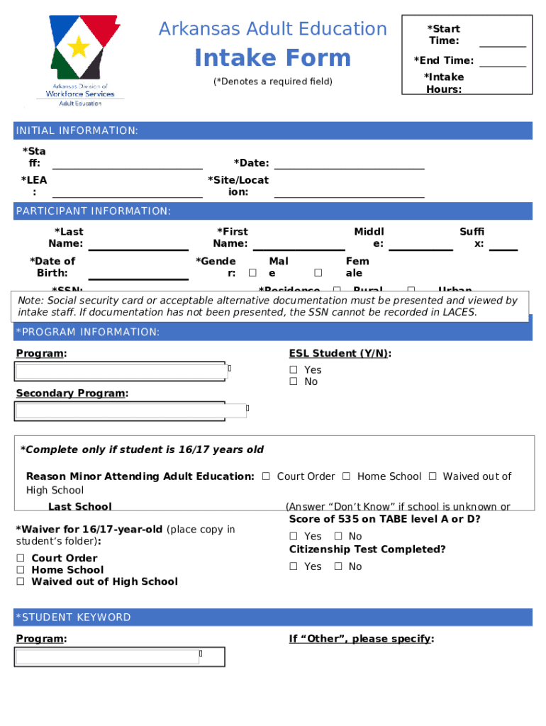 FY2022 Student Intake - dws arkansas Doc Template | pdfFiller