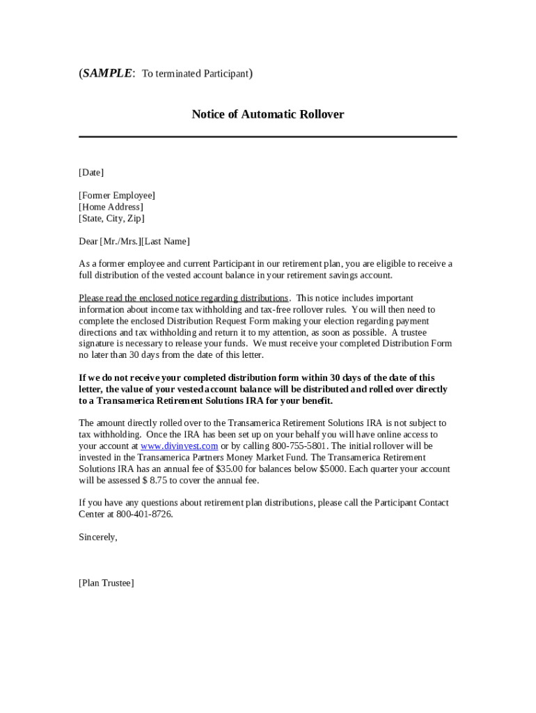 Sample Plan Termination Participant Notice Doc Template | pdfFiller