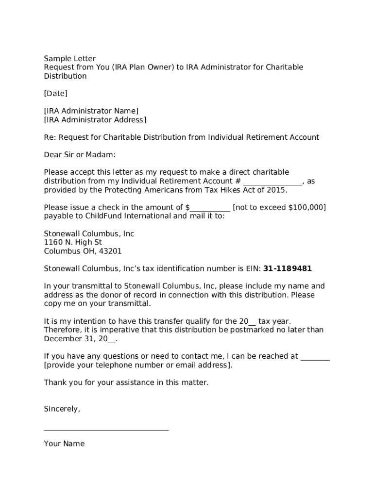 Sample Letter for IRA Distribution Doc Template | pdfFiller