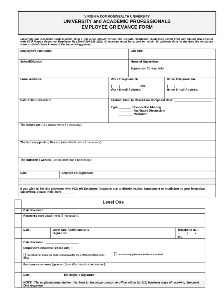 Grievance (Word) - VCU Human Resources - hr vcu Doc Template | pdfFiller