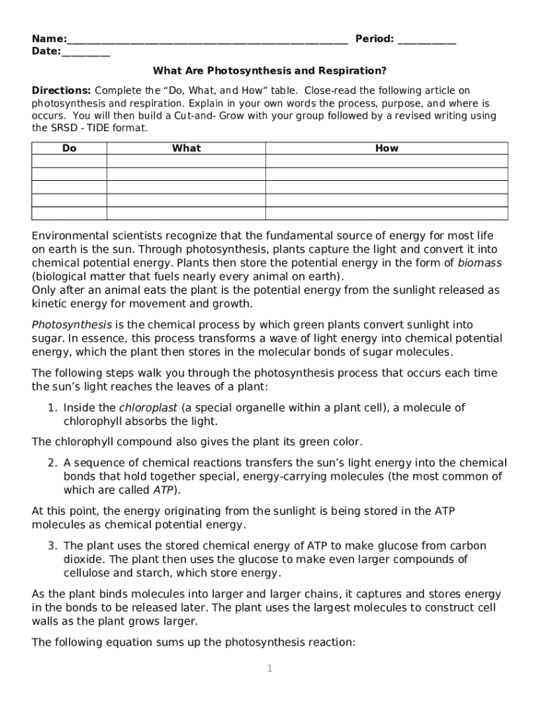 What Are Photosynthesis and Respiration Doc Template | pdfFiller
