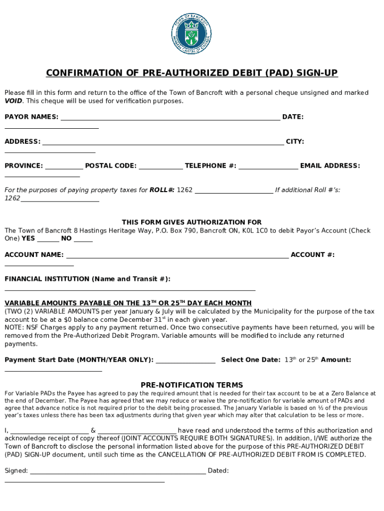 Personal Pre-Authorized Debit (PAD) Application for ... Doc Template ...