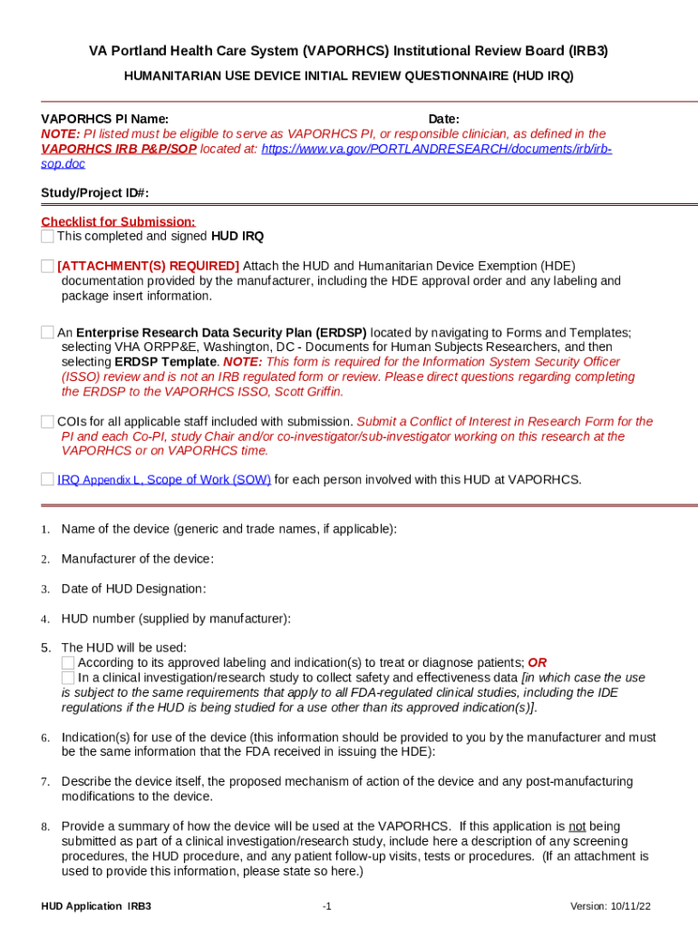Humanitarian Use Device Application (Portland VA Medical Center ...
