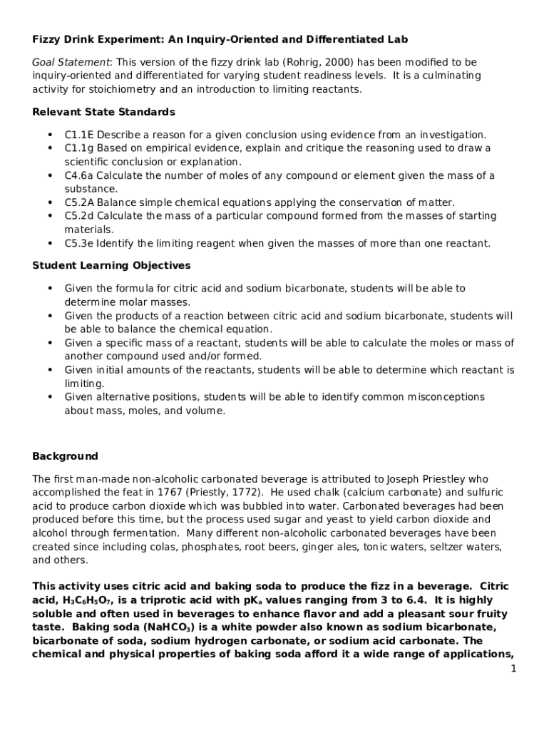 Fizzy Drink Experiment: An Inquiry - Studylib Doc Template | pdfFiller